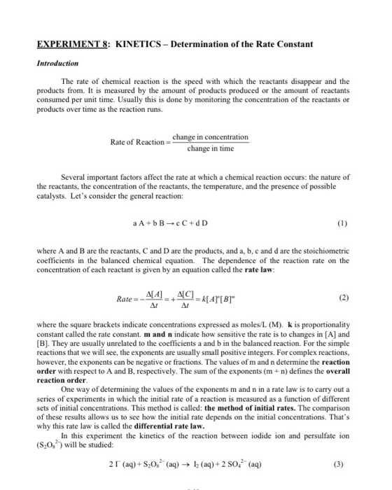 Solved EXPERIMENT 8: KINETICS - Determination of the Rate | Chegg.com