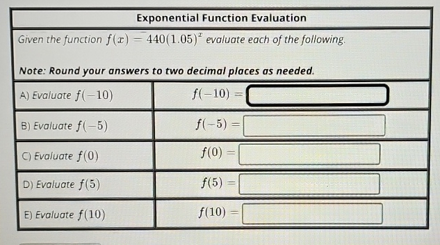 Solved Exponential Function EvaluationGiven the function | Chegg.com Solved Exponential Function EvaluationGiven the function | Chegg.com