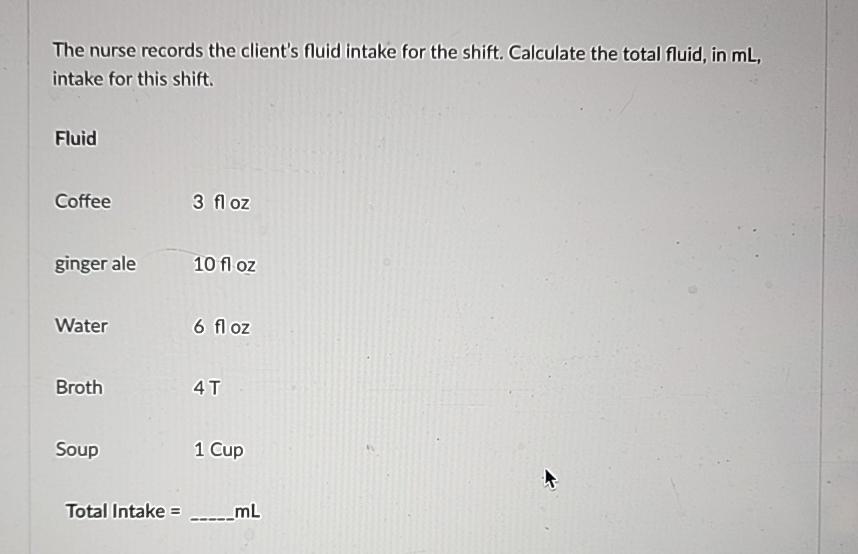 Solved The nurse records the client's fluid intake for the | Chegg.com