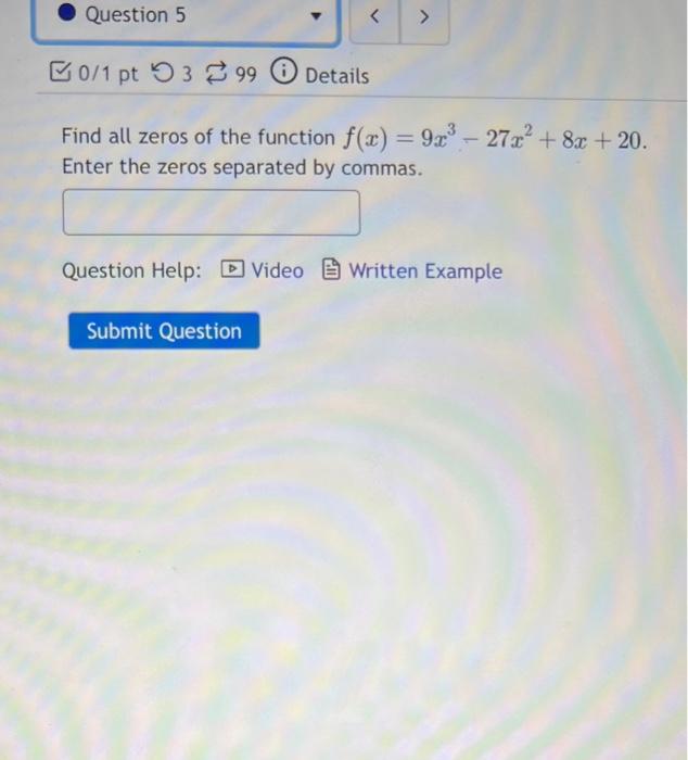 Solved Find all zeros of the function f(x)=9x3−27x2+8x+20. | Chegg.com