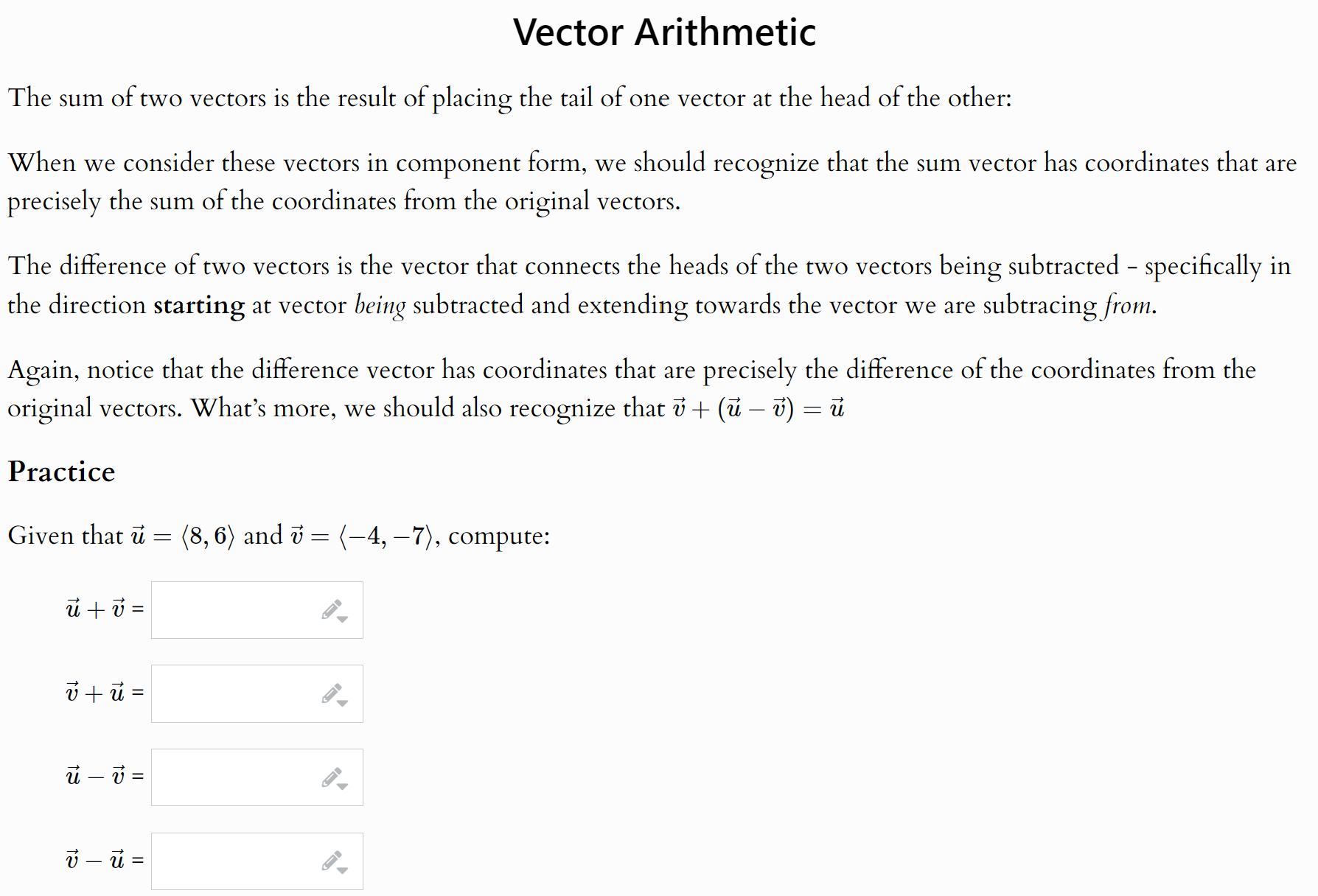 Solved Vector ArithmeticThe sum of two vectors is the result | Chegg.com