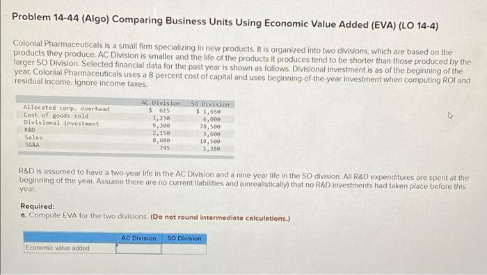 Solved Problem 14-44 (Algo) Comparing Business Units Using | Chegg.com
