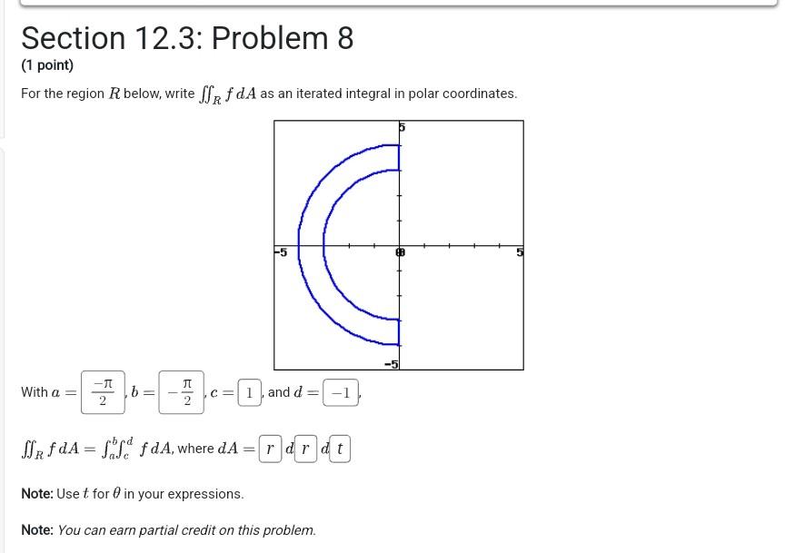 Solved Section 12.3: Problem 8 (1 point) For the region R | Chegg.com