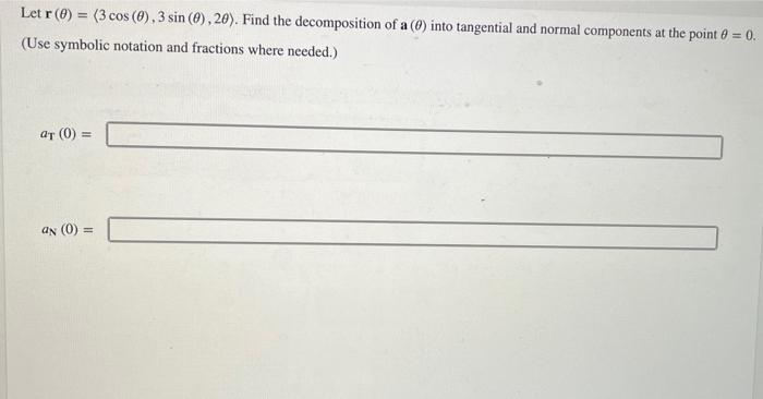 Solved Let r(θ)= 3cos(θ),3sin(θ),2θ . Find the decomposition | Chegg.com