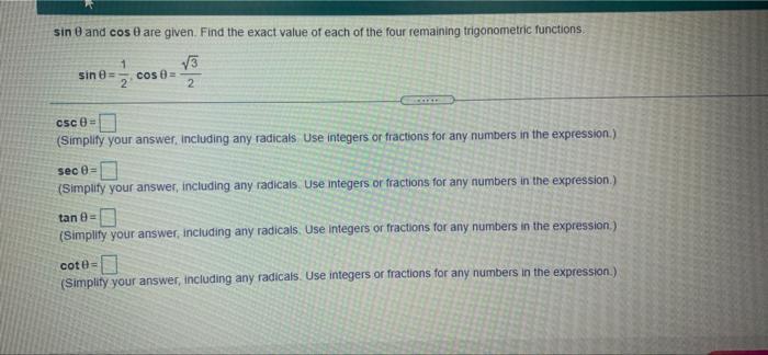 Solved sin 0 and cos 0 are given. Find the exact value of | Chegg.com