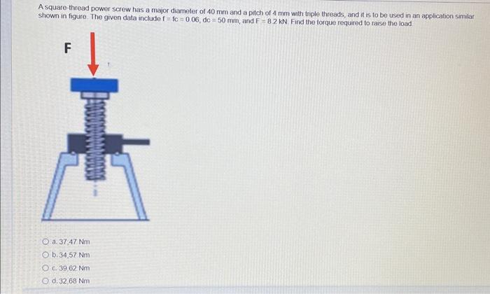 Solved A square-thread power screw has a major diameter of | Chegg.com