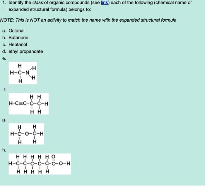 Solved 1. Identify the class of organic compounds (see link) | Chegg.com