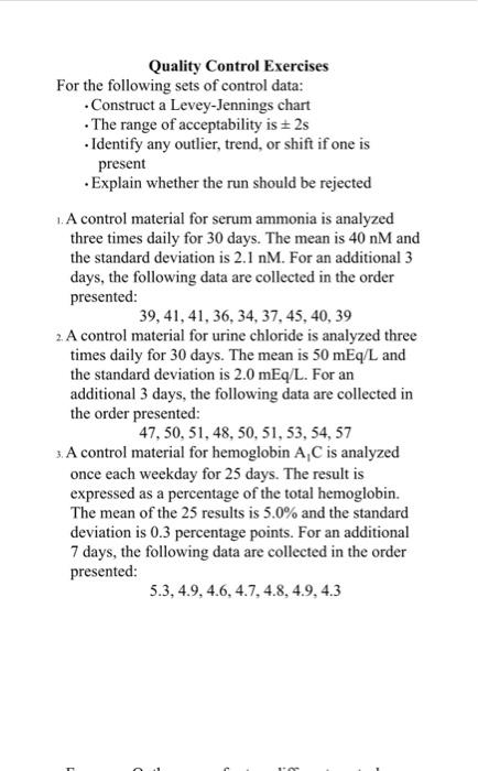 Solved Quality Control Exercises For the following sets of | Chegg.com