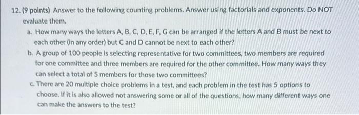 Solved 12. (9 points) Answer to the following counting | Chegg.com