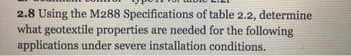 Table 2.1 - AASHTO M288 Geotextile Installation | Chegg.com