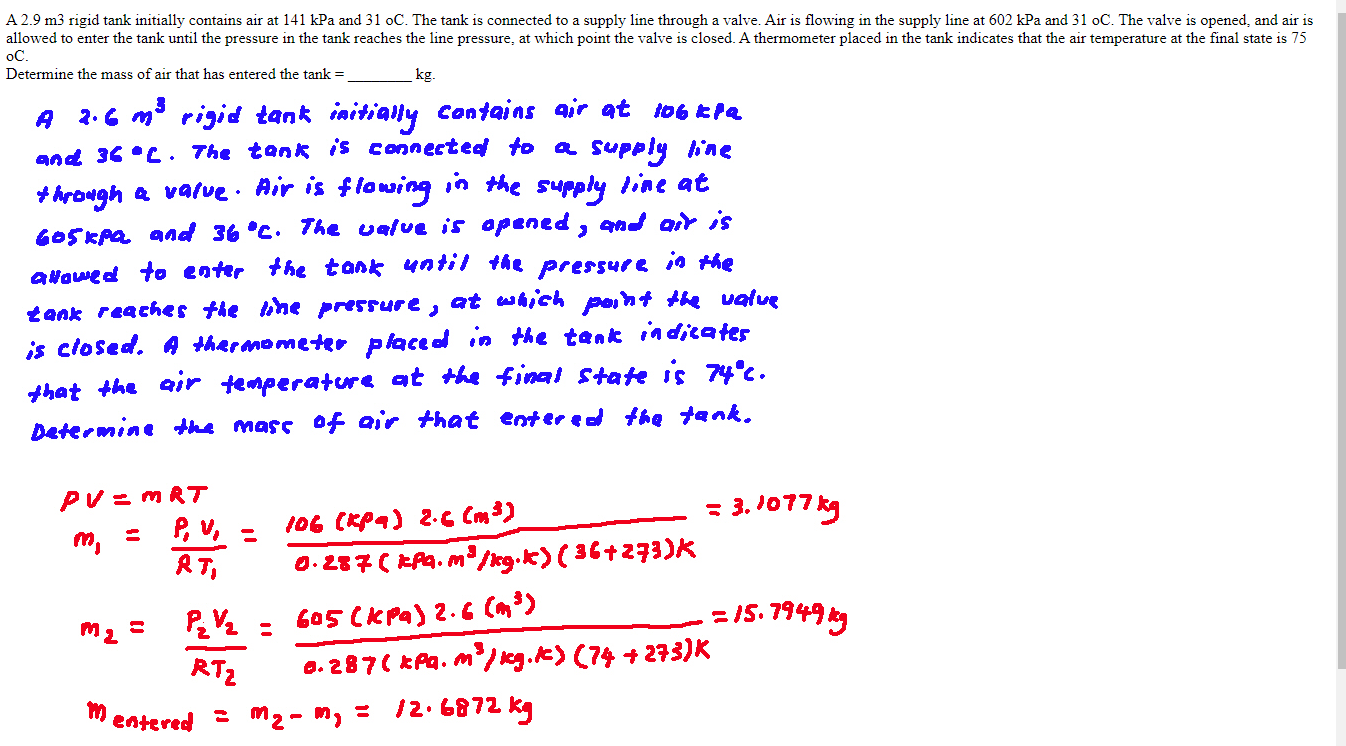 Solved A 2.9m3 ﻿rigid tank initially contains air at 141kPa | Chegg.com