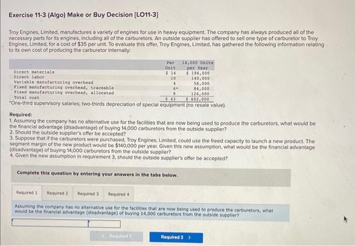 Solved Exercise 11-3 (Algo) Make or Buy Decision [LO11-3] | Chegg.com