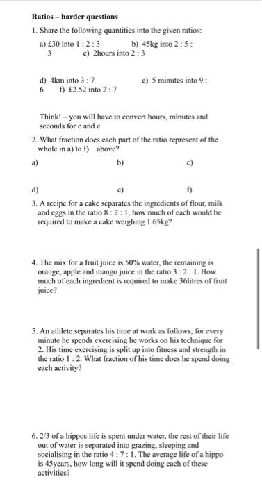 Solved Ratios - harder questions 1. Share the following | Chegg.com