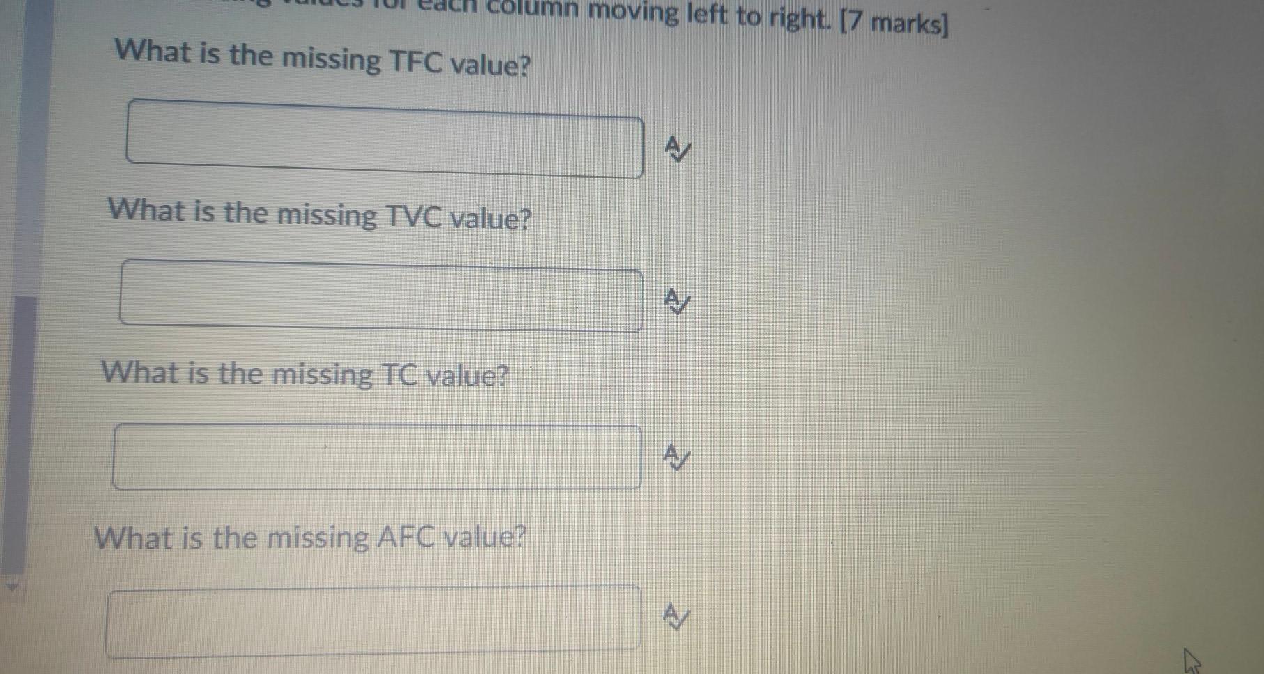 Solved Question 30 (4 points) Output TFC TVC TC AFC AVC ATC | Chegg.com