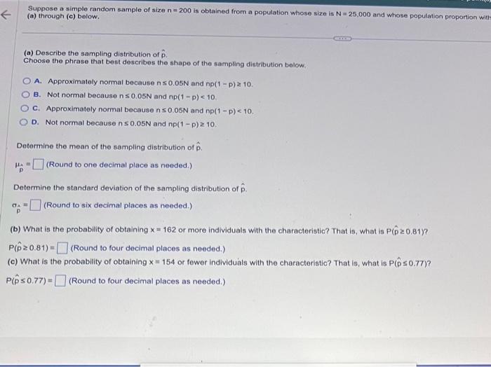 Solved Suppose a simple random sample of nize n=200 is | Chegg.com