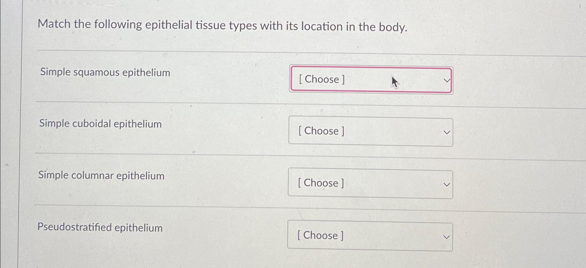 Solved Match the following epithelial tissue types with its | Chegg.com