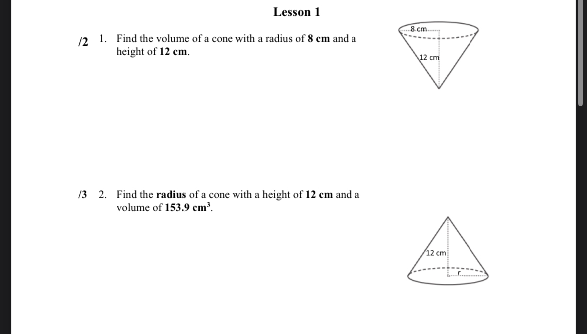 Solved Lesson 1?2Find the volume of a cone with a radius of | Chegg.com