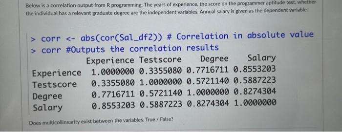 Solved Below is a correlation output from R programming. The | Chegg.com