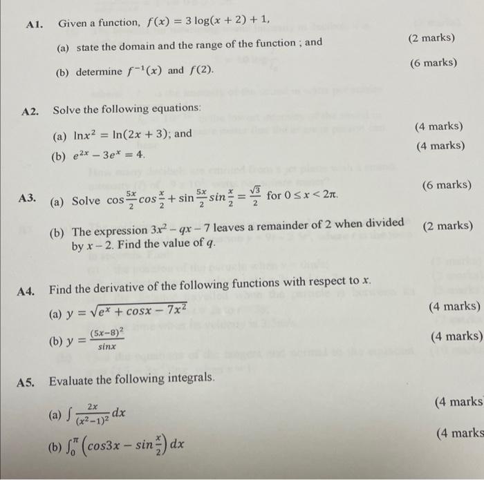 Solved A1. Given a function, f(x)=3log(x+2)+1, (a) state the | Chegg.com