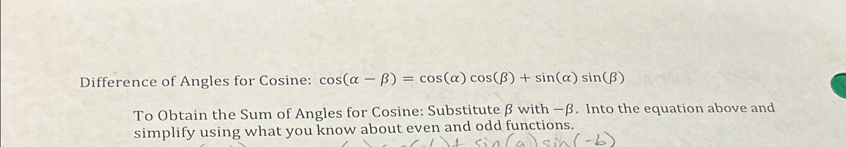 Solved Difference of Angles for Cosine: | Chegg.com
