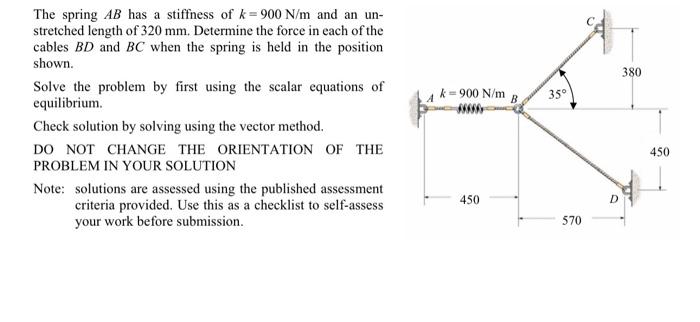 Solved The spring AB has a stiffness of k= 900 N/m and an | Chegg.com