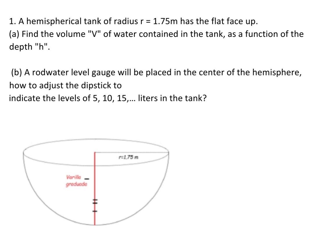 Solved 1. A hemispherical tank of radius r = 1.75m has the | Chegg.com