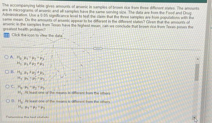 Solved The accompanying table gives amounts of arsenic in | Chegg.com