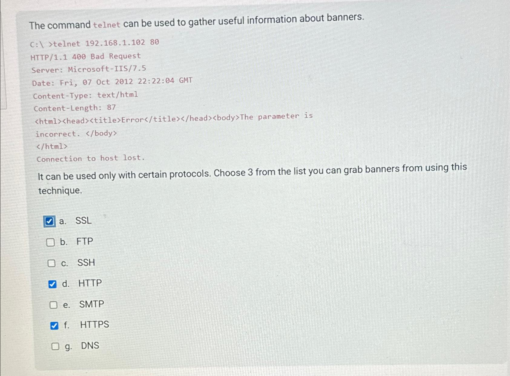 Solved The Command Telnet Can Be Used To Gather Useful