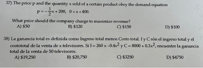 Solved 37) The price p and the quantity x sold of a certain | Chegg.com