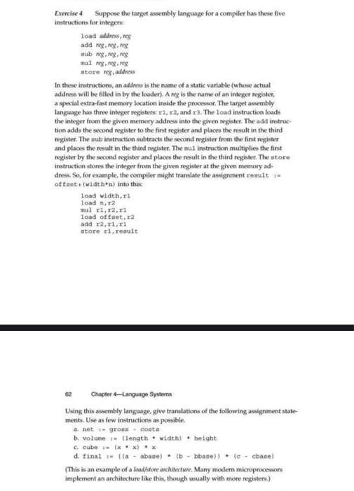Solved Evercise 4 Suppose the target assembly language for a | Chegg.com