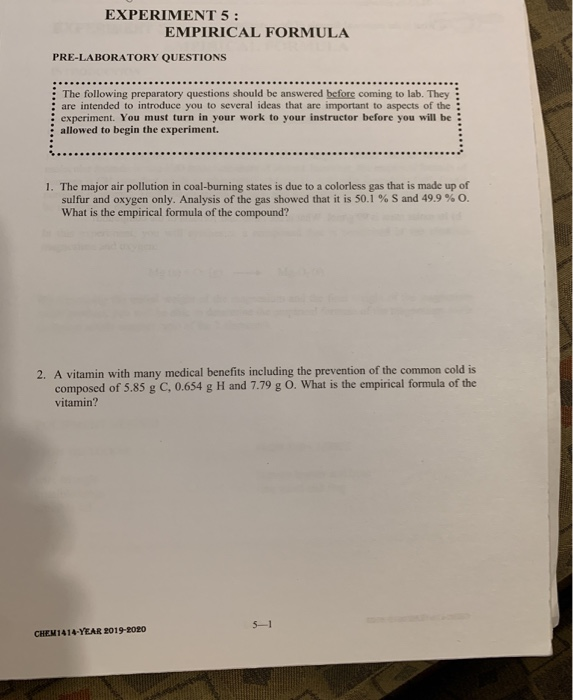 Solved EXPERIMENT 5 : EMPIRICAL FORMULA PRE-LABORATORY | Chegg.com