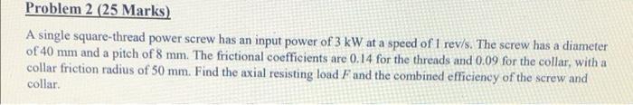 Solved Problem 2 (25 Marks) A single square-thread power | Chegg.com