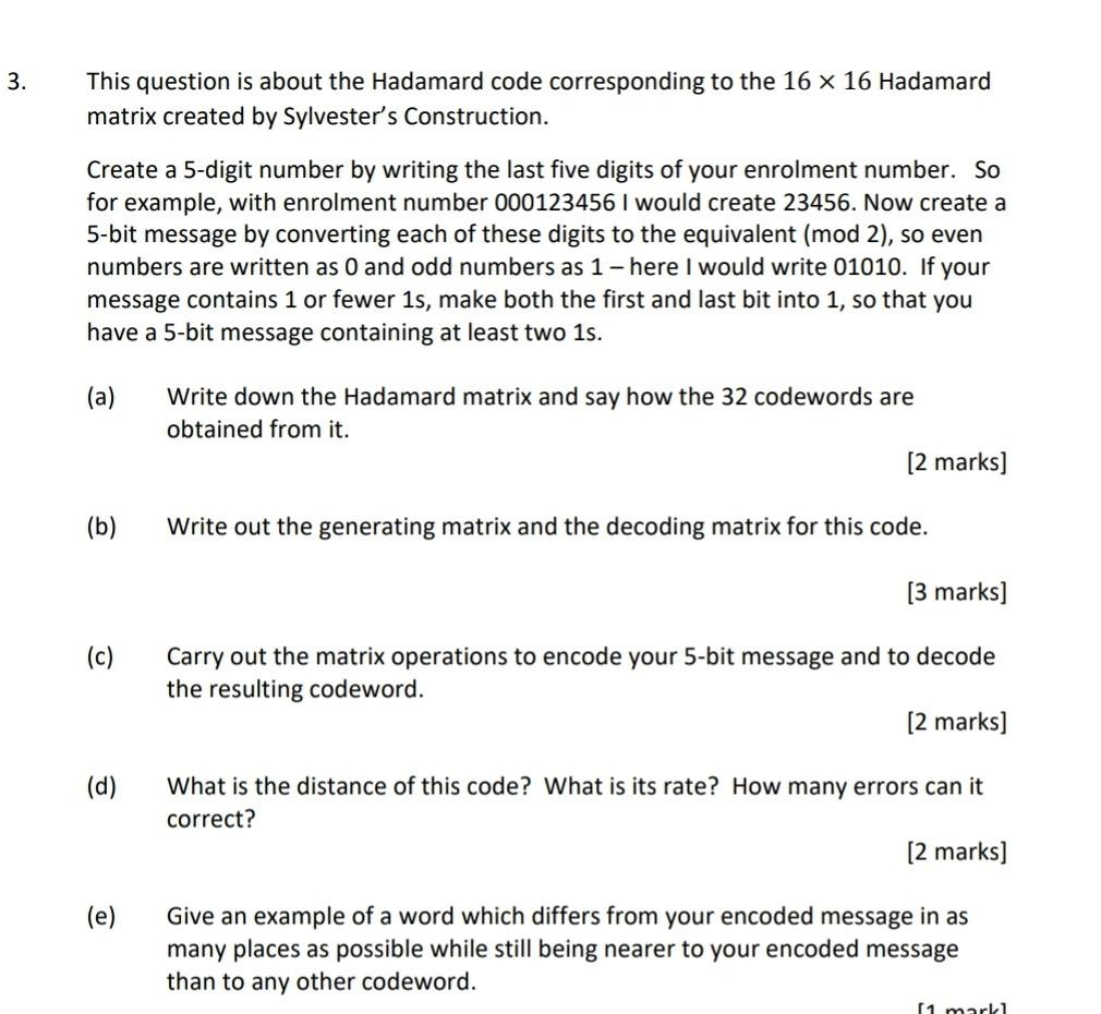 Solved 3. This question is about the Hadamard code | Chegg.com