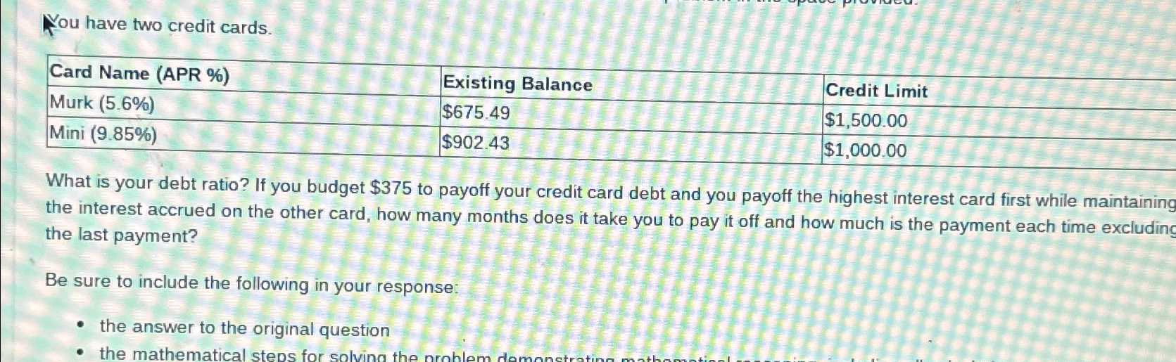 Solved You have two credit cards.\table[[Card Name (APR | Chegg.com