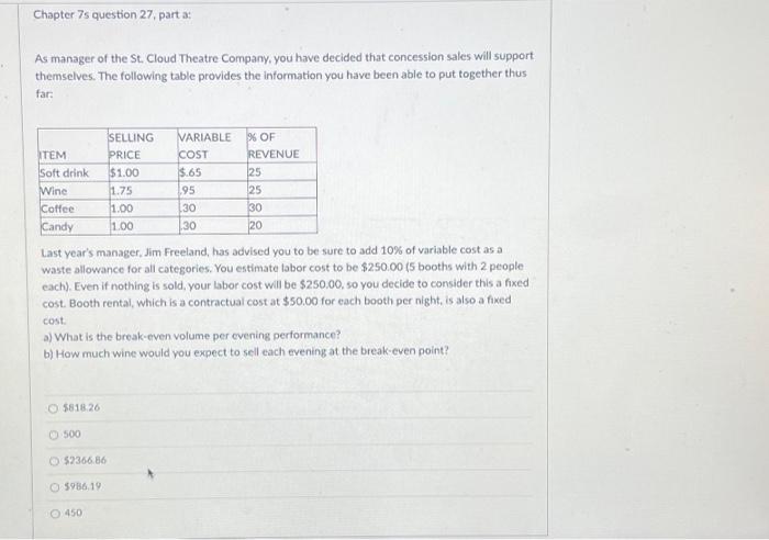 Solved Chapter 7s question 27, part a: As manager of the St. | Chegg.com