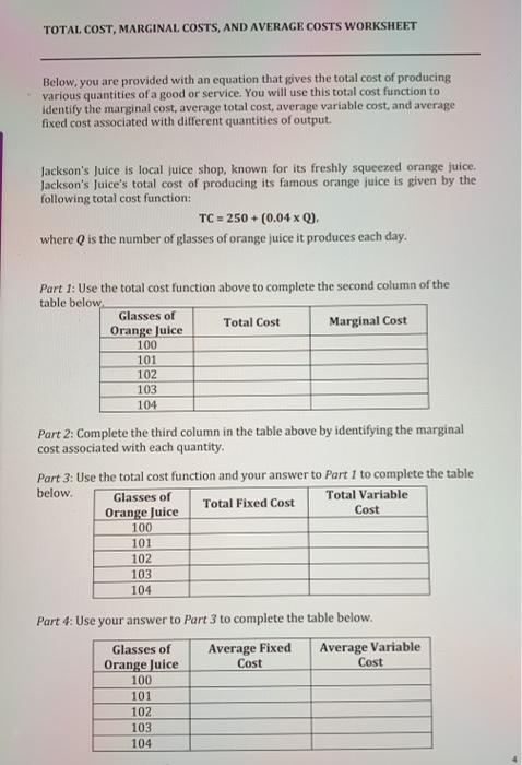 Solved TOTAL COST, MARGINAL COSTS, AND AVERAGE COSTS | Chegg.com