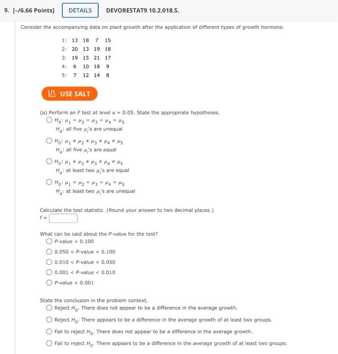 Solved onsider the accompanying data on plant growth after | Chegg.com