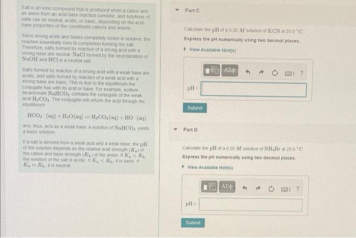 Part C Calculate the pH of a 020 M solution of KCN at | Chegg.com