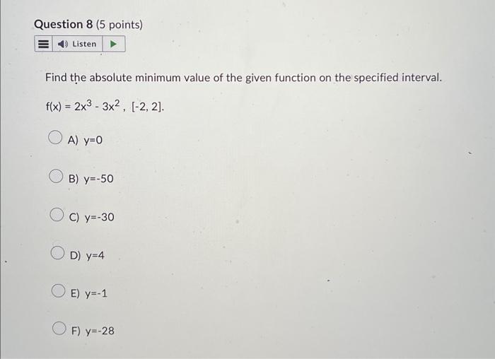 Solved Find the absolute minimum value of the given function | Chegg.com