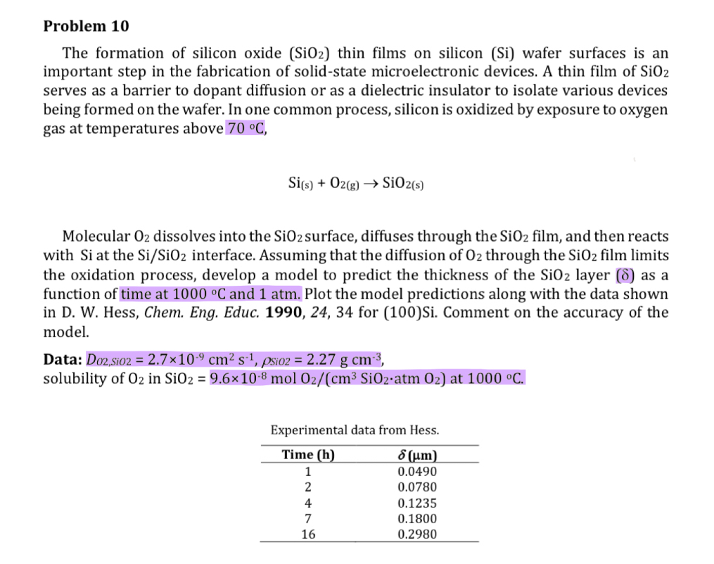 Solved Problem 10The formation of silicon oxide (SiO2) ﻿thin | Chegg.com