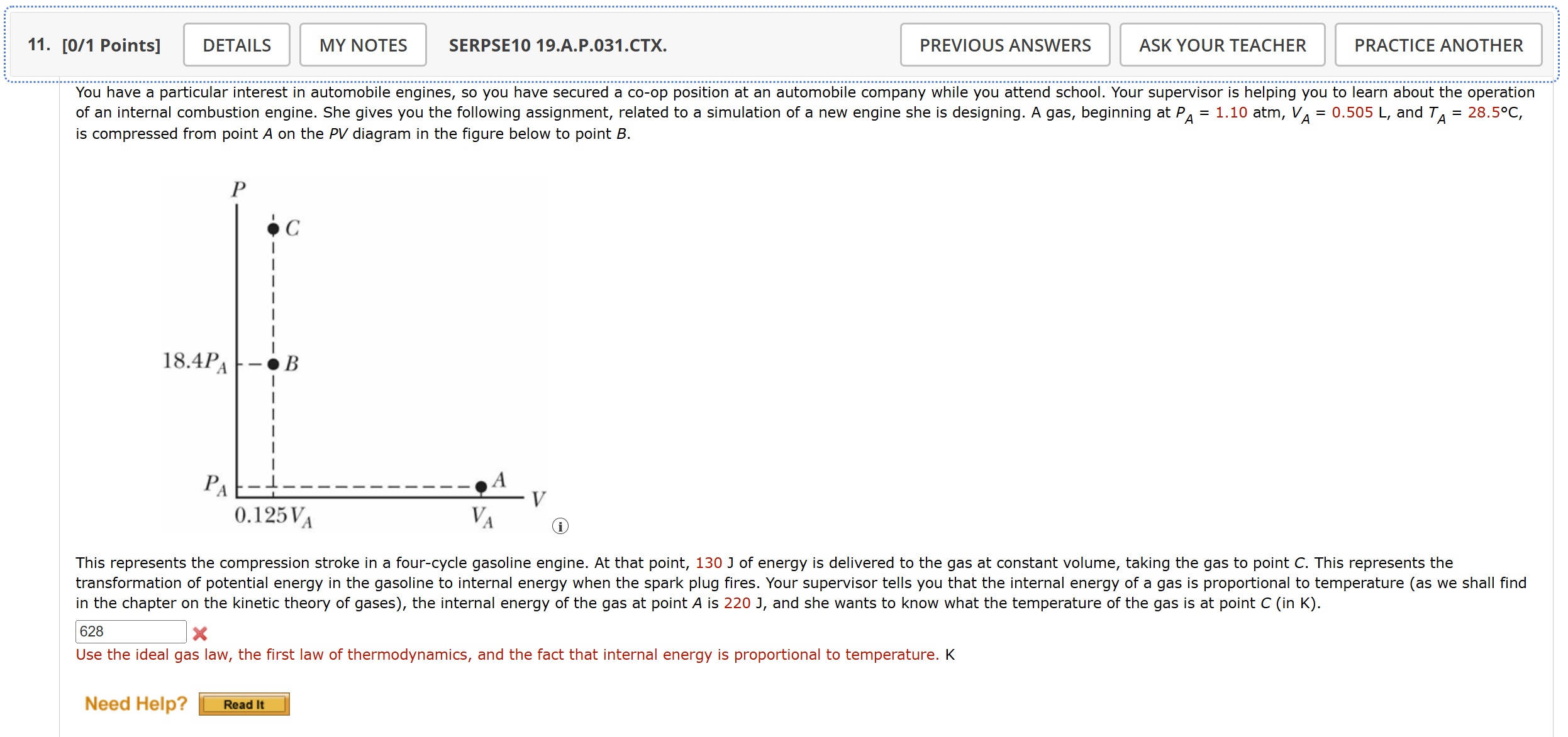 Solved what the temperature of the gas is at point C (in K)? | Chegg.com