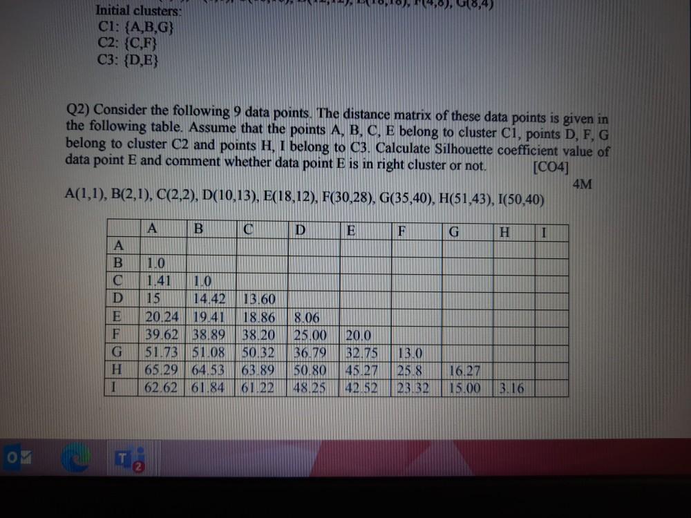 Solved Initial clusters: C1: {A,B,G) C2: {C.F} C3: {D,E) (2) | Chegg.com