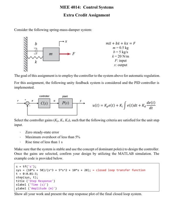 Solved MEE 4014: Control Systems Extra Credit Assignment | Chegg.com