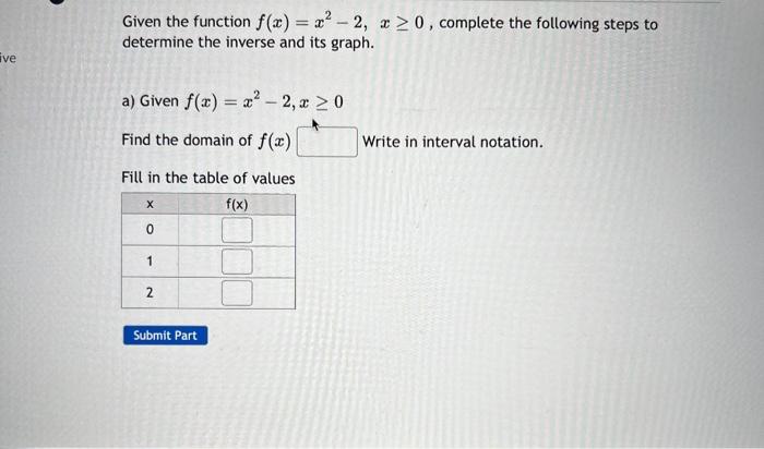 Solved ve Given the function f(x)=x²-2, x ≥ 0, complete the | Chegg.com