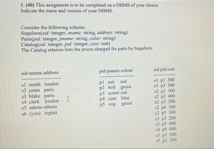 Solved Consider The Following Schema Supplierssid 
