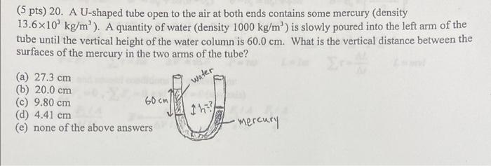 Solved (5 pts) 20. A U-shaped tube open to the air at both | Chegg.com