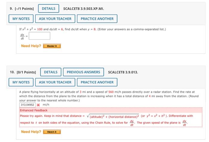Solved 9. [-/1 Points) DETAILS SCALCET8 3.9.503.XP.MI. MY | Chegg.com