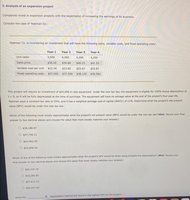 Solved 3. Analysis of an expansion project Companies invest | Chegg.com