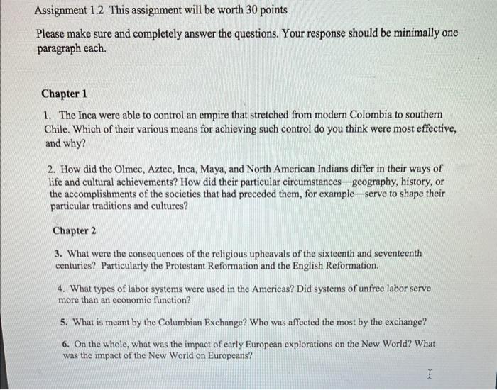 Assignment 1.2 This assignment will be worth 30 | Chegg.com