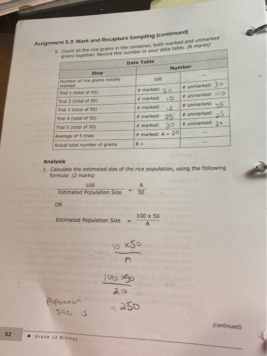 Assignment 5.3: Mark and Recapture Sampling | Chegg.com